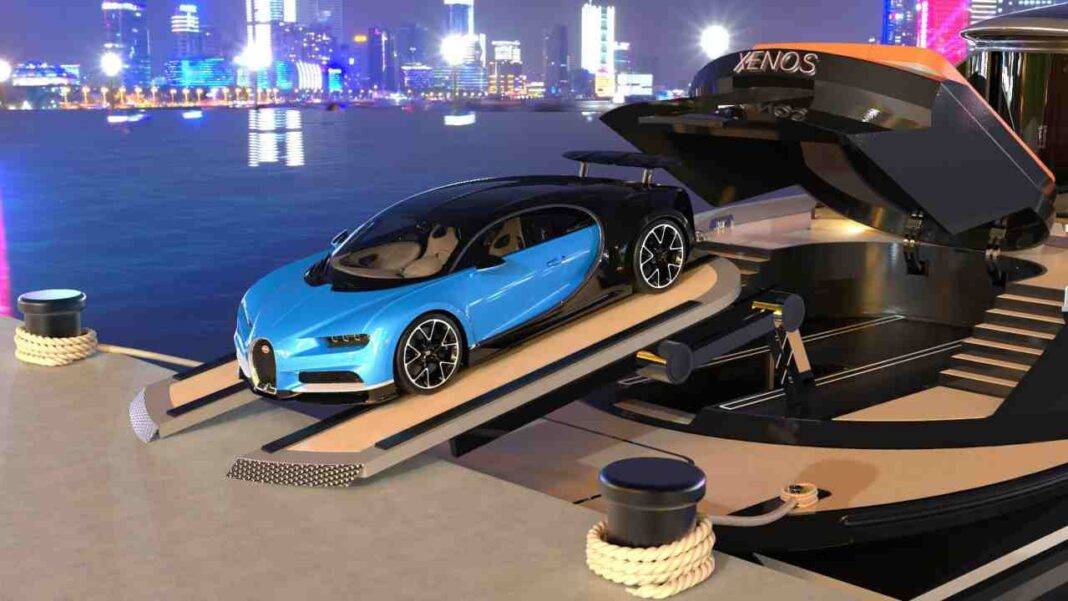 Uno yacht con una Bugatti Chiron in "omaggio": il progetto in un video